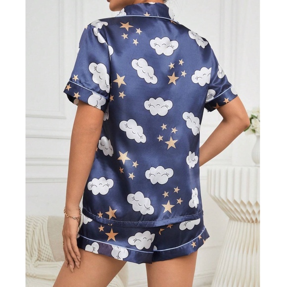 Intimates & Sleepwear | Cozy Light Blue Satin Smiley Star Print Button ...